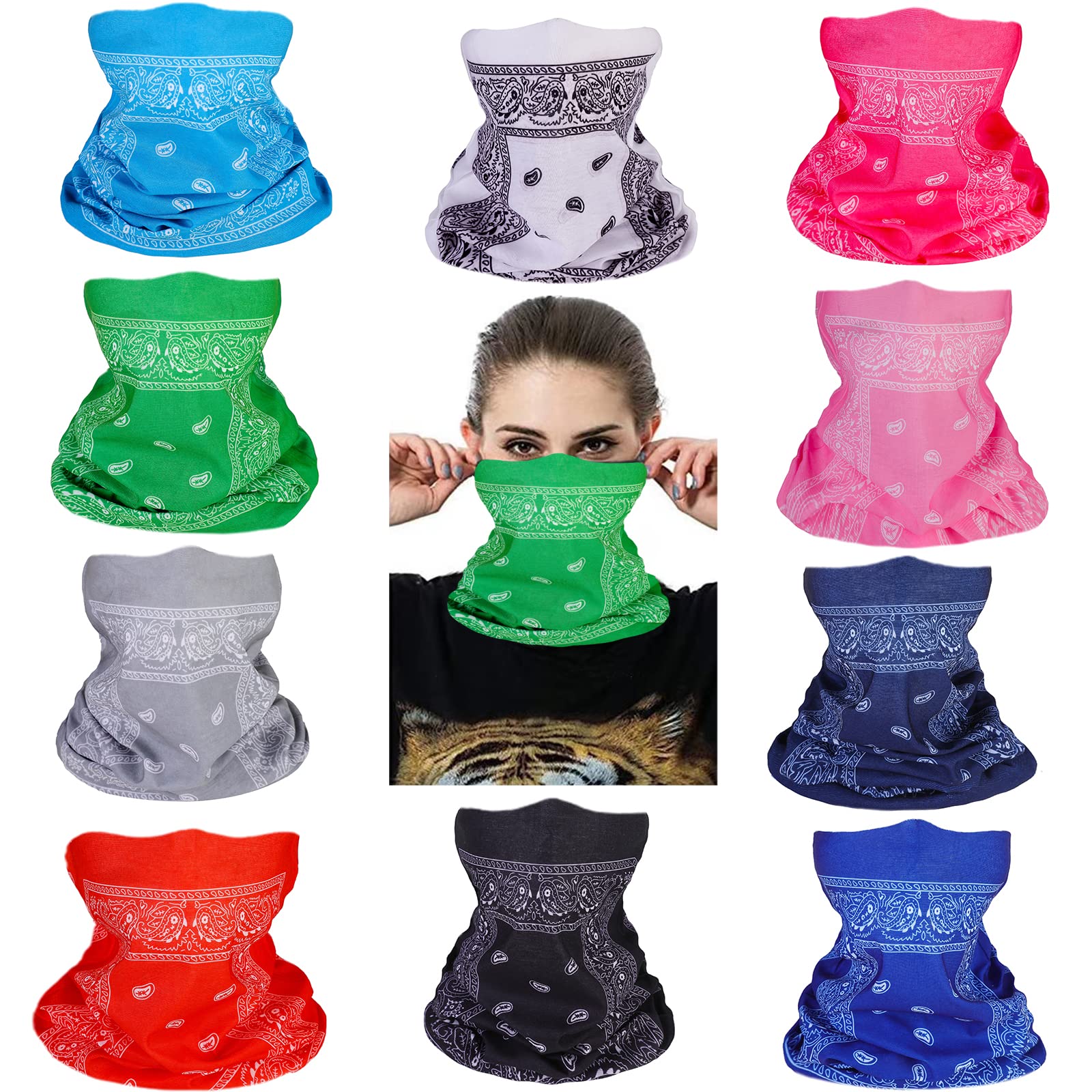 Cutewing 10PCS Paisley Neck Gaiter Face Mask Magic Headband Outdoor Bandanas Multi Headwear Sweatband Elastic Seamless Face Cover for Yoga Running Hiking with UV Resistant