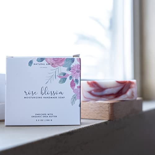 Natural Amor- Spa Gift Set for Women- Luxurious Rose Scent Bath gift for her- 6pc Bath & Body gift including soap bar, bath bomb, bath salt