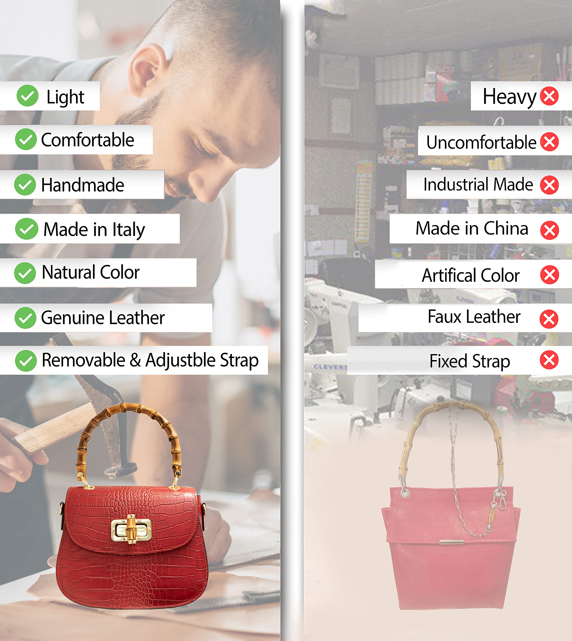 Women Handbag 100% Genuine Leather with Bamboo handle Crossbody bag Elegant bag Evening bag Gift for Women Handmade Made in Italy