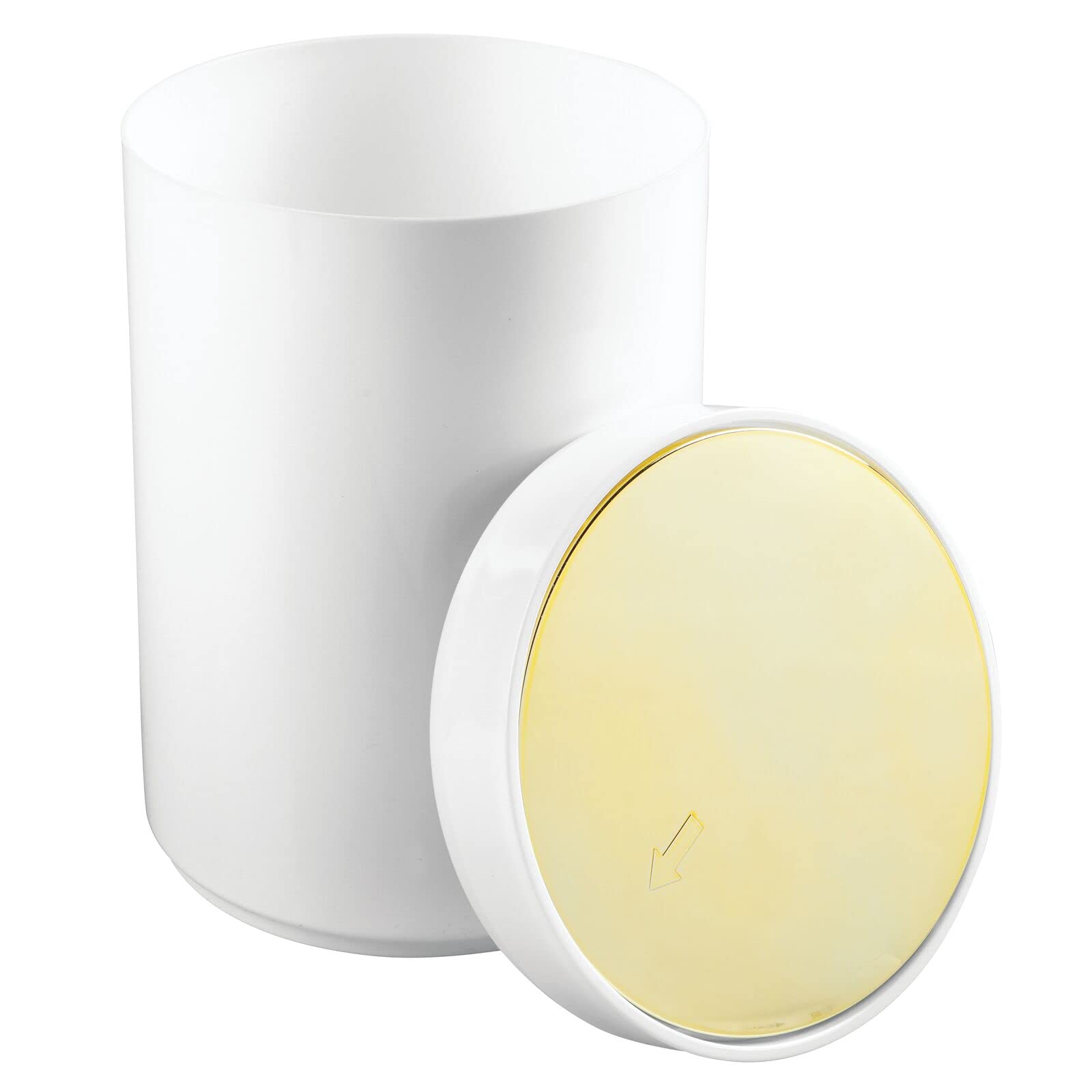 mDesign Small Round Plastic Trash Can Wastebasket, Garbage Container Bin with Swing Top Lid - for Bathrooms, Kitchens, Home Offices - 1.3 Gallon/5 Liter - White/Gold