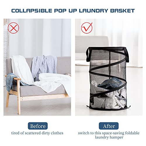 Mesh Collapsible Laundry Hamper with Lid, Large Clothing Storage Bucket with Handles,Dirty Clothes Storage Basket for The Kids Room, College Dorm or Travel (1PCS, Black)