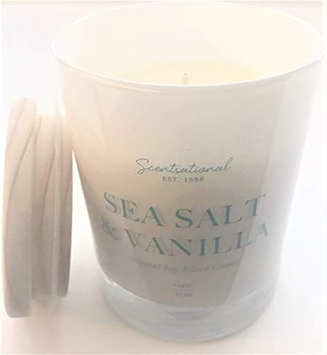 Natural Coconut + Beeswax Scented Candle SEA Salt + Vanilla in Glossy White Jar with Wooden Lid, 11 Oz.