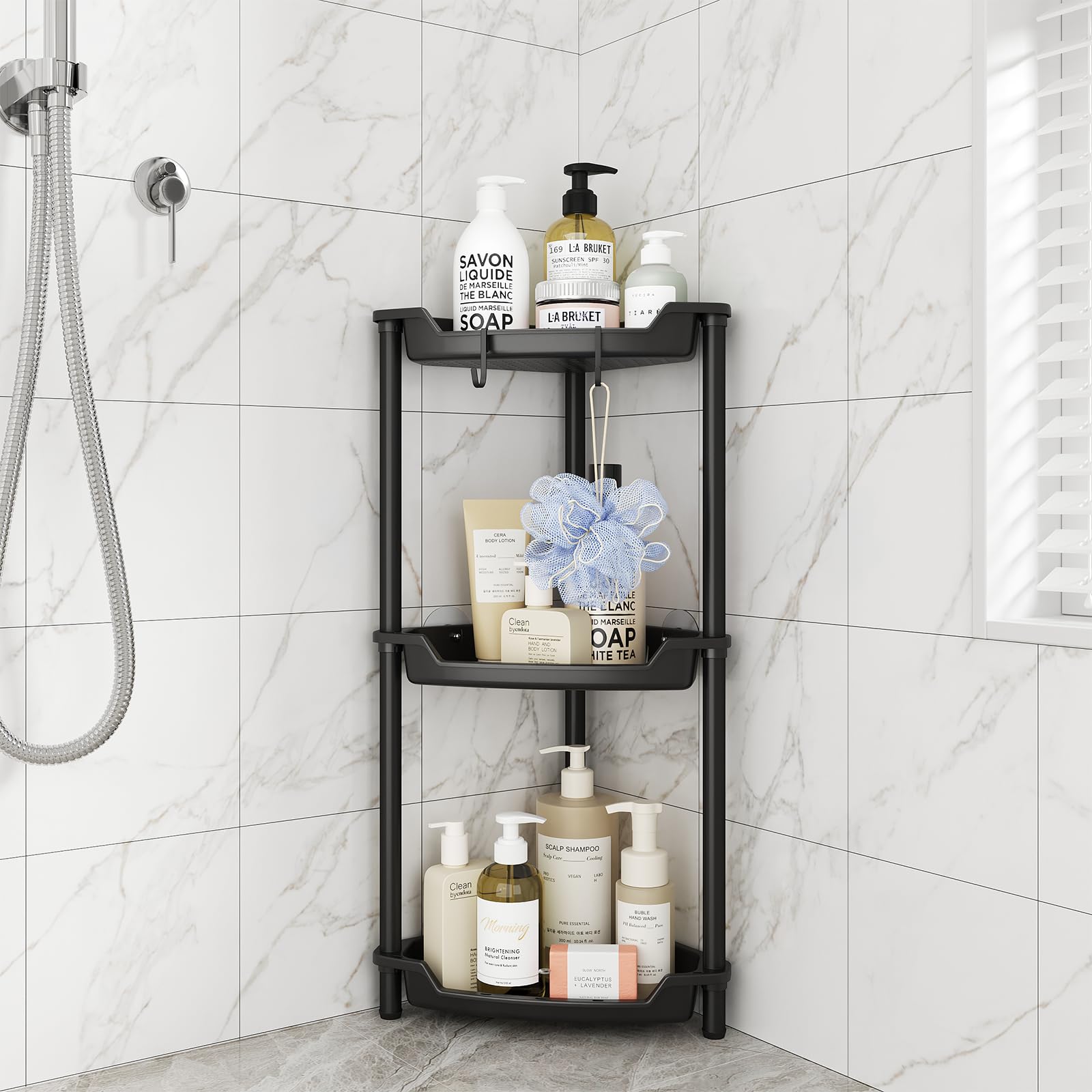 ELYKEN Corner Shower Caddy, 3 Tier Rustproof Floor Standing Shower Organizer, Plastic Metal Splicing Floor Shower Corner Shelf Rack Storage Stands Adjustable Feet & 2 Hooks for Bathroom, Black