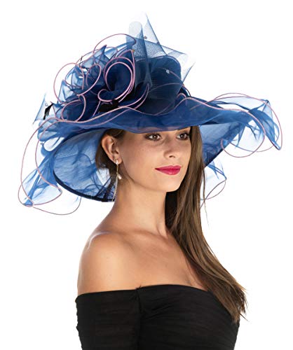 Women's Organza Church Kentucky Derby British Fascinator Bridal Tea Party Wedding Hat Summer Ruffles Cap (H5-Navy Line)