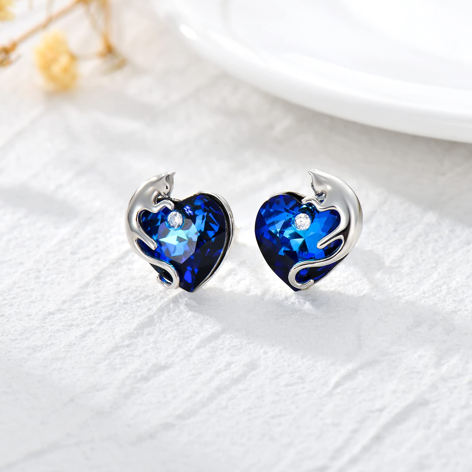 Cat Earrings Sterling Silver Cute Cat Studs Earrings with Ocean Blue Heart Crystals from Austria, Cat Jewelry Gifts for Women Cat Lover