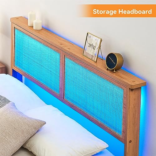 GAOMON 12.4 Inch Deluxe Solid Wood Queen Bed Frame with Natural Rattan Headboard, Queen Size Platform Bed Frame with LED Lights, Mattress Foundation, Noise-Free, No Box Spring Needed