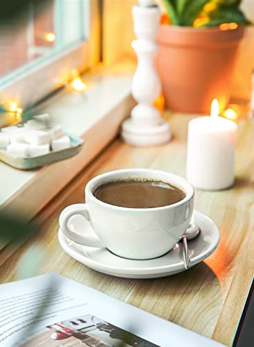 LE TAUCI 6 oz Cappuccino Cups with Saucers，Ceramic Coffee Cup for Au Lait, Double shot, Latte, Cafe Mocha, Tea - Set of 4, White