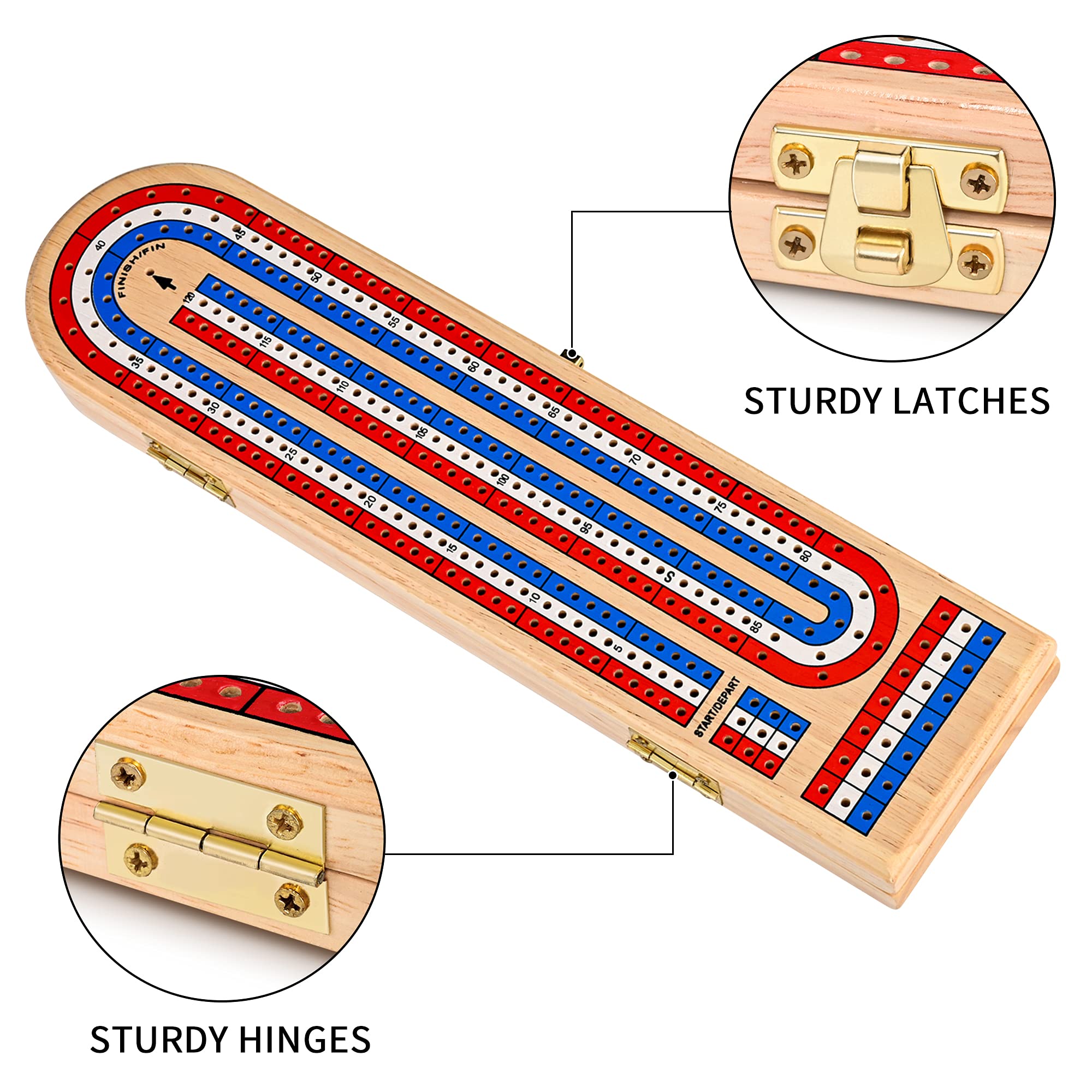 ropoda Cribbage Board Game, Classic 3 Track Board with 9 Cribbage Pegs, A Deck of Playing Cards and Storage Area, Portable and Foldable Wooden Board Game