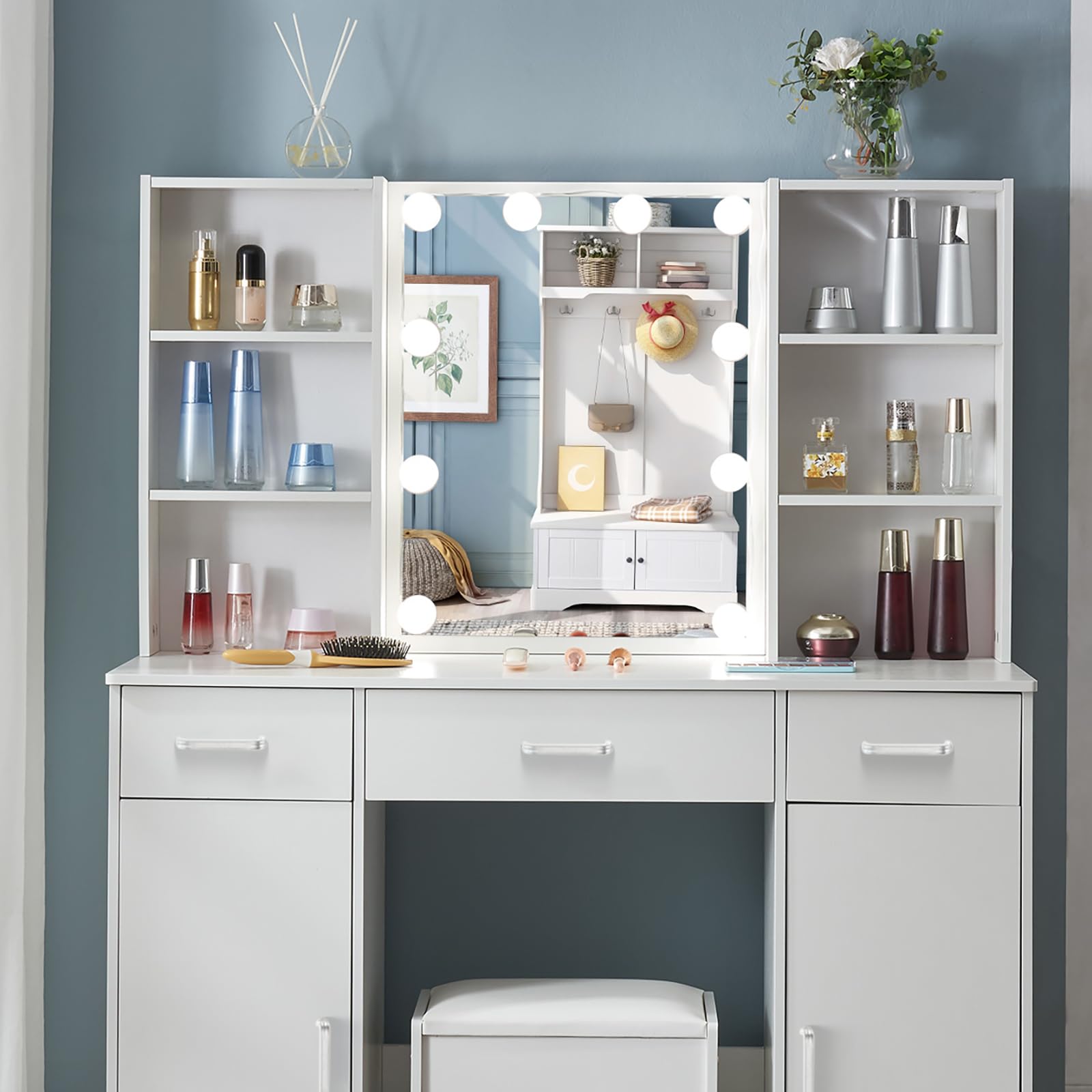 Caulitar Vanity Desk with Mirror and Lights-3 Color and Brightness Adjustable, Vanity Set with Drawers and Chair, White Makeup Vanity Table for Girls