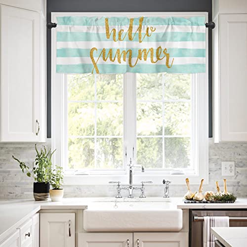 Vograud Valances for Windows, Hello Summer Gold Round Spots on Blue and White Stripes Rod Pocket Kitchen Curtains Valances, Short Window Valances for Living Room Bathroom 42β x 18β