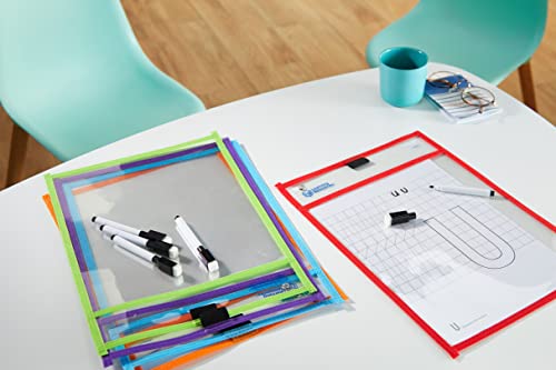 Learning Resources Write and Wipe Pockets, 5 Colorful Classroom Dry Erase Pockets, Ages 3+