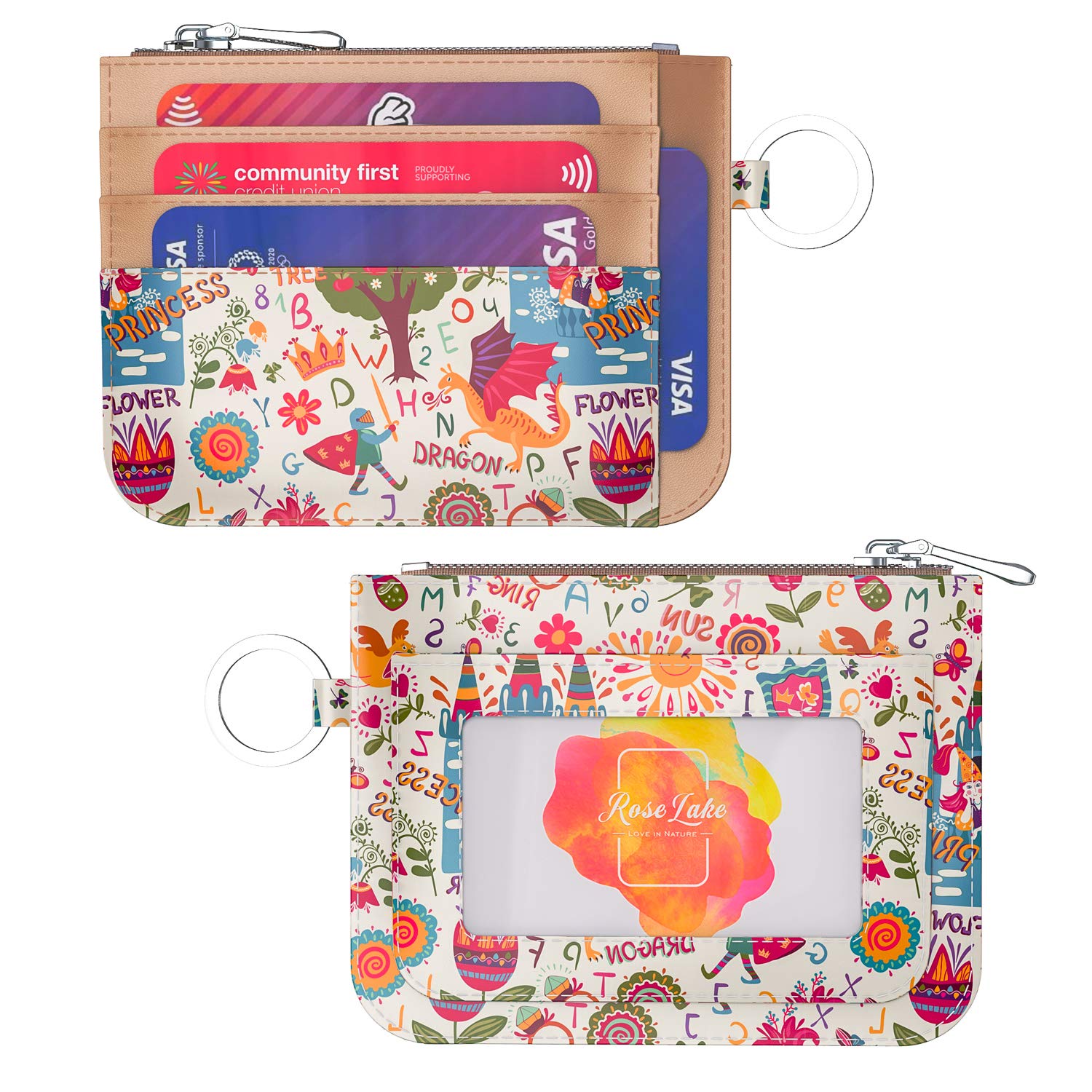 Rose Lake RFID Blocking Credit Card Holder Wallet Slim Card Case Front Pocket Wallet with Key Ring for Women Girls (Colorful Garden)