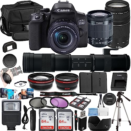 Canon EOS 850D/Rebel T8i Vlogger Kit:EF-S 18-55mm,EF 75-300mm & 420-800mm Lenses,128GB Memory,Tripod,3 Piece Filter Kit,Gadget Bag,Remote Shutter,USB Card Reader,Cleaning Kit & Software Package