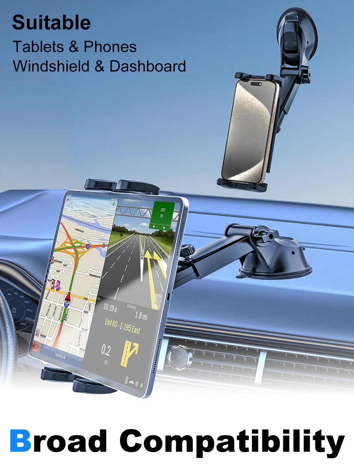 Kolasels Car Dashboard Windshield Tablet Mount for 4-13" iPad & Phone, Telescopic arm Suction Cup Truck Dash Window Tablet Holder for iPad Pro 12.9 11 10.5 9.7, iPad Air Mini, Samsung Tabs, iPhone etc