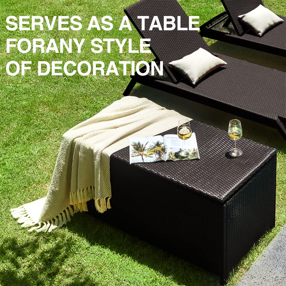 Dulce Domi 120 Gallon Deck Boxes Outdoor Storage Box Waterproof, Modern Resin Rattan Outdoor Wicker Storage Box, Robust Deck Box for Toys, Pool Accessories & Outdoor Tools Storage