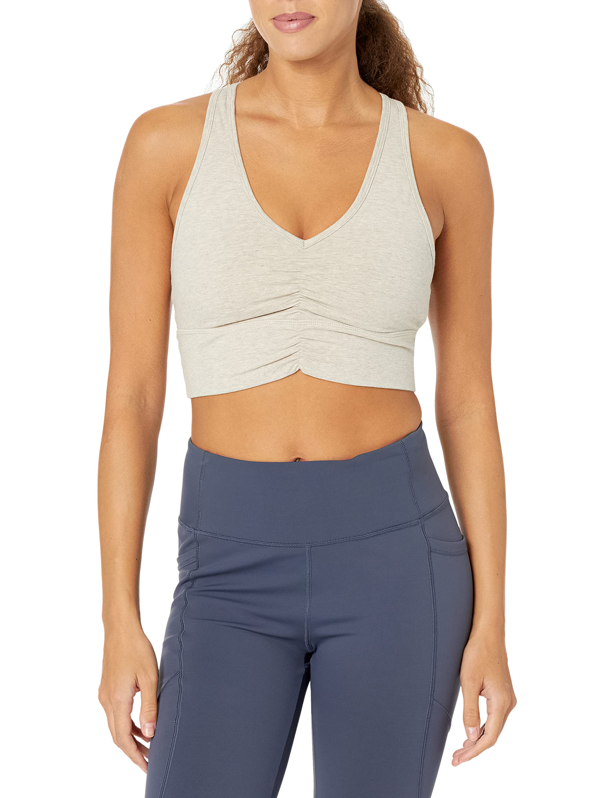 DKNY Women's Sport V-Neck Ruched Bra, Latte HTR, Small