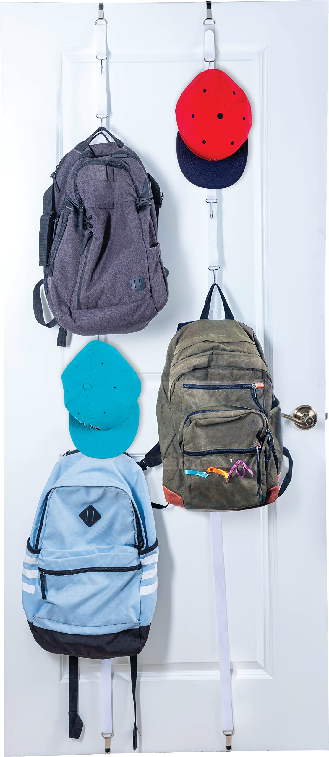 Jokari Heavy Duty 16 Hook Over The Door Purse Rack for Hats and Accessories. Adjustable Straps and Movable Velcro Hooks To Store, Organize and Display Bags, Scarves or Caps Saving Closet Storage Space