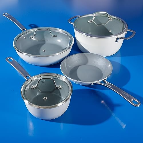 Sur La Table Kitchen Essentials 10 Piece PFA Free Non-Toxic Titanium Ceramic Nonstick Interior Forged Aluminum Cookware Pots and Pans Set - Linen White - Induction Compatible