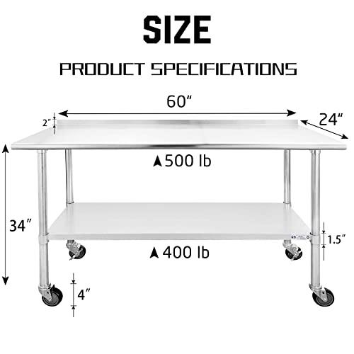 Stainless Steel Table for Prep & Work 24 x 60 Inches with Caster Wheels, NSF Commercial Heavy Duty Table with Undershelf and Backsplash for Restaurant, Home and Hotel