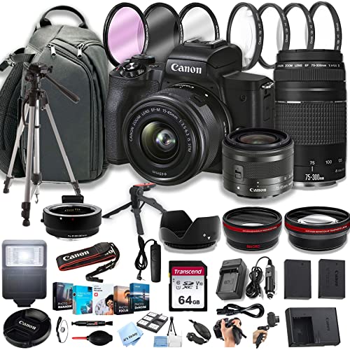 Canon EOS M50 Mark II Mirrorless Digital Camera with EF-M 15-45mm f/3.5-6.3 is STM Lens + 75-300mm F/4-5.6 III Lens+ 64GB Memory Card, Professional Photo Bundle (42pc Bundle)