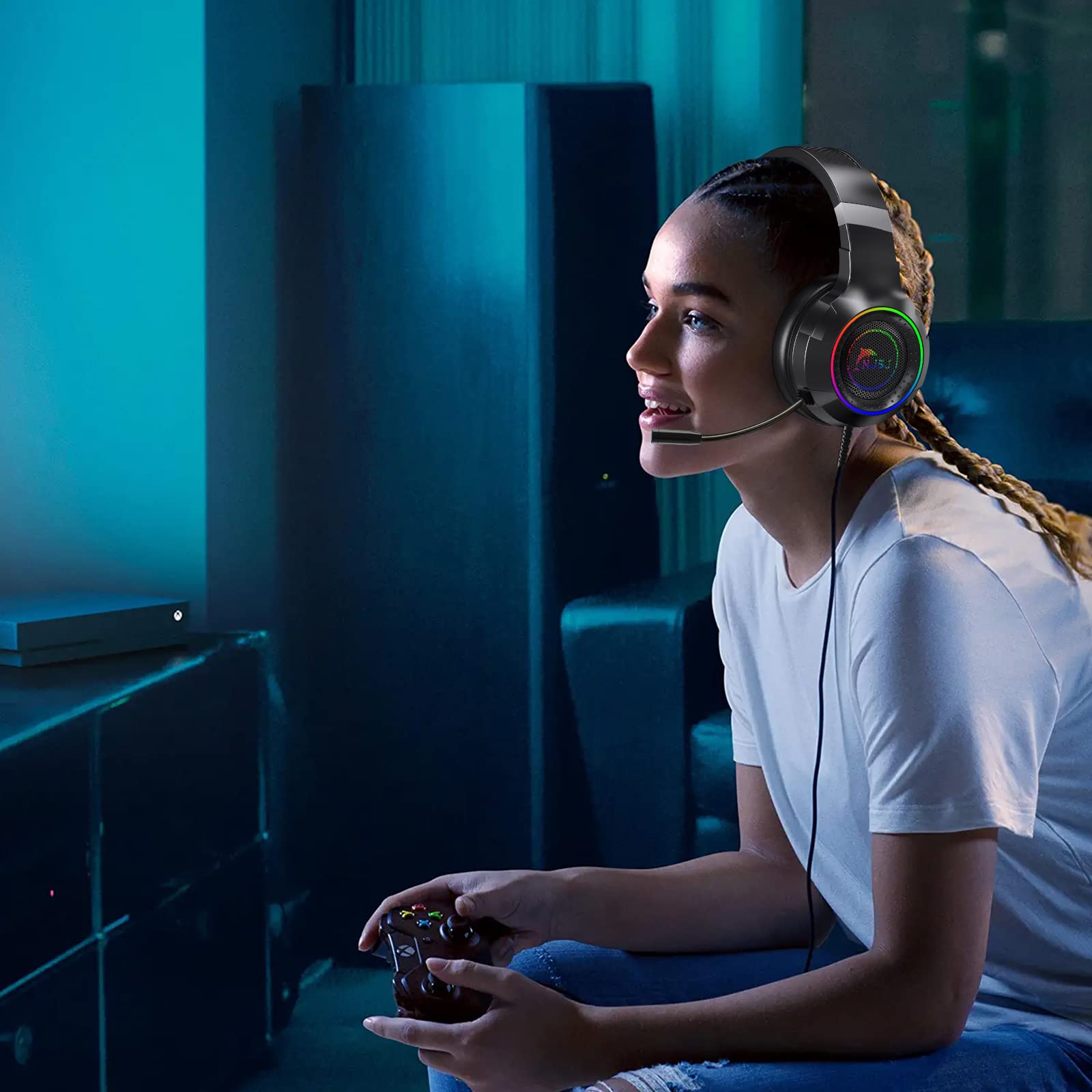 CHAFON E300 Gaming Headset with Noise Cancelling Microphone, Surround Sound Headphones for PS4 PC Xbox One PS5 Controller, Dynamic RGB Wired Headsets for Computer Laptop Mac Nintendo NES Games