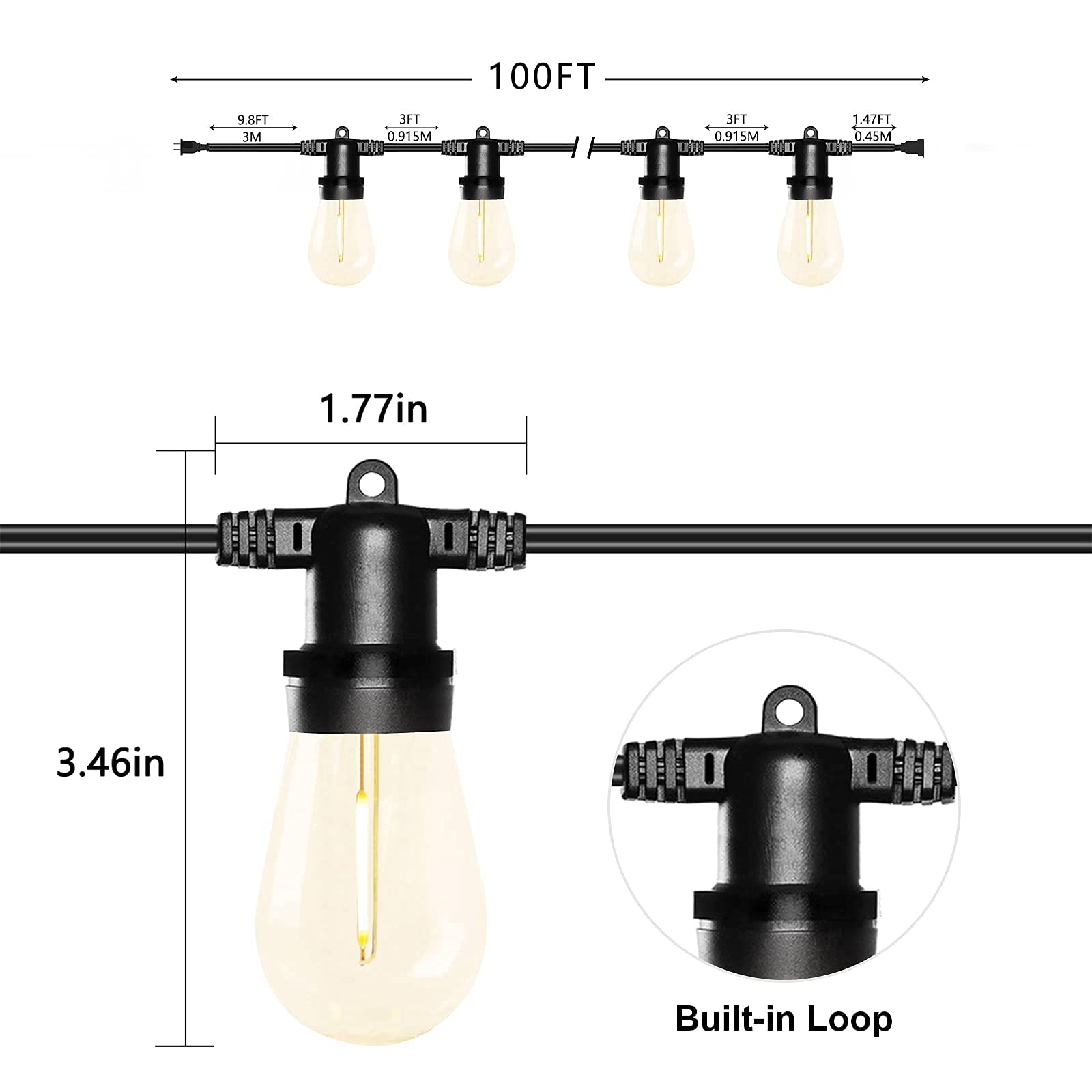 BRTLX Outdoor String Lights, Connectable IP65 Waterproof 100Ft S14 LED String Patio Lights with 30 Hanging Sockets and 32 x 1W Energy Saving LED Bulbs(2 Spare) E26 Base Warm White 2700K for Cafe Porch