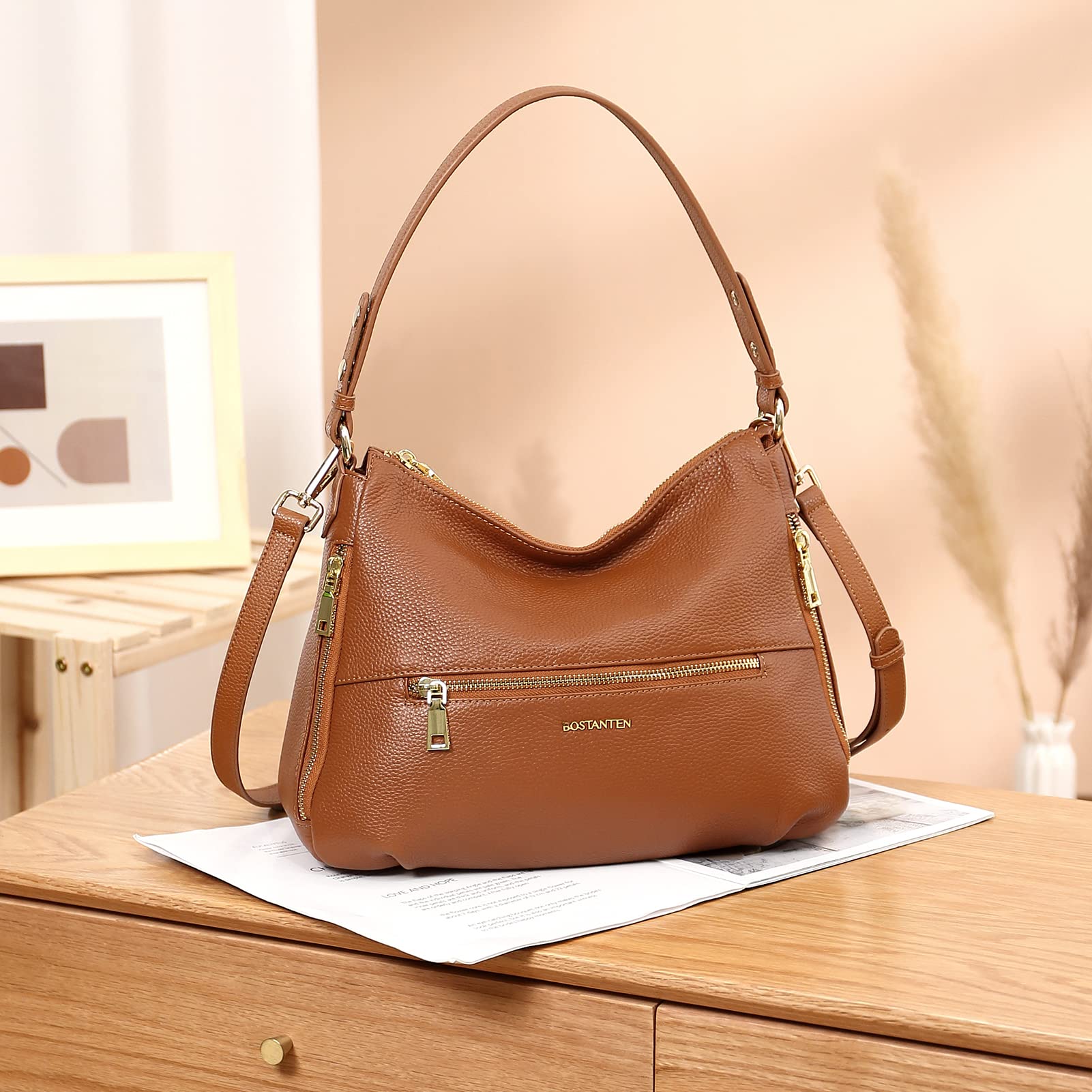 BOSTANTEN Women Handbags Leather Purses Designer Crossbody Shoulder Hobo Bags Brown