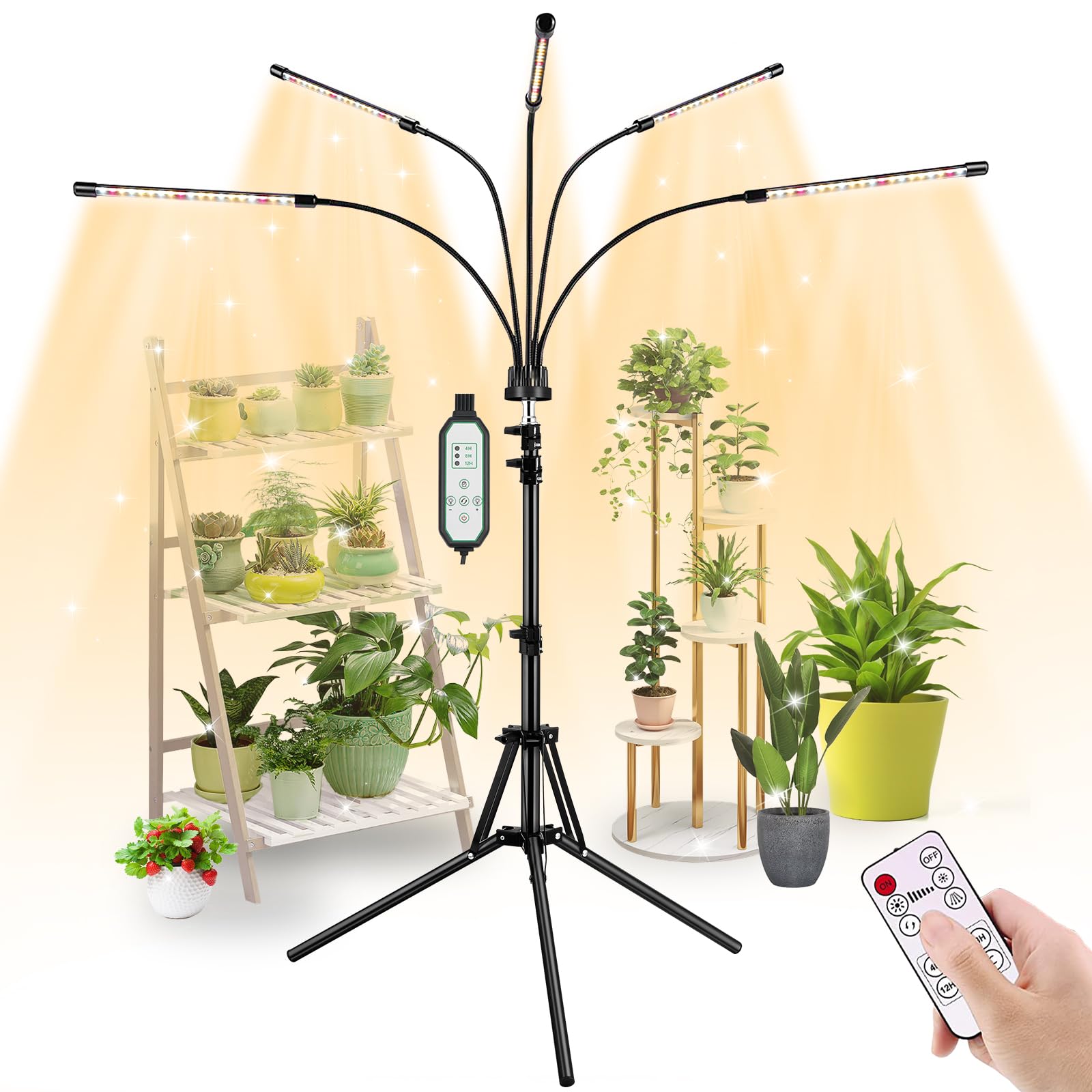 fyheart Grow Lights for Indoor Plants,Full Spectrum Grow Light with Adjustable Stand and Sturdy Clip,5 Light Tube,3 Light Modes,10 Dimmable Brightness,4/8/12 H Timer,360ยฐ Gooseneck,Remote Control