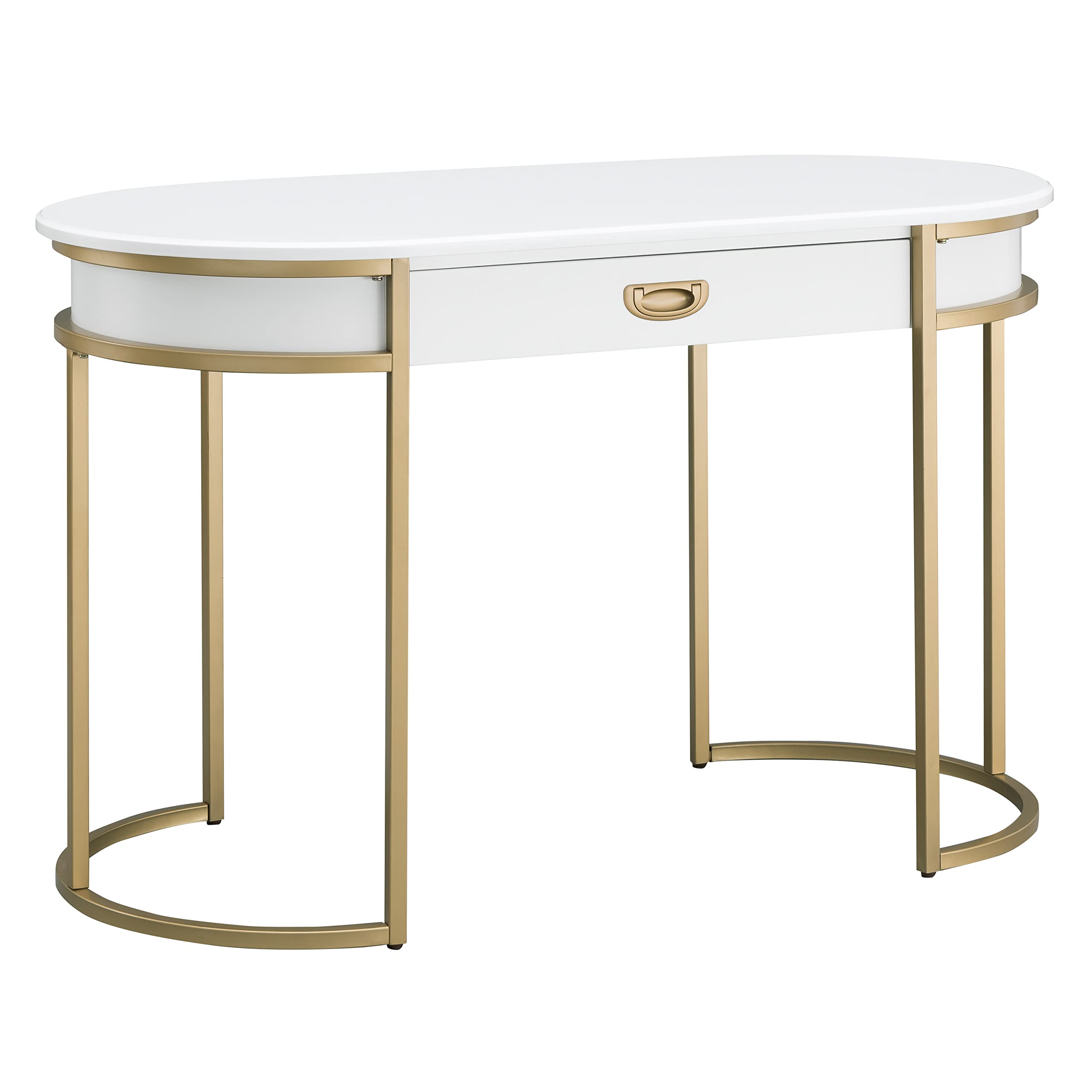 Leick Home 85405 Oval Metal Leg Desk with Drop Front Keyboard Drawer, Cottage White/Gold