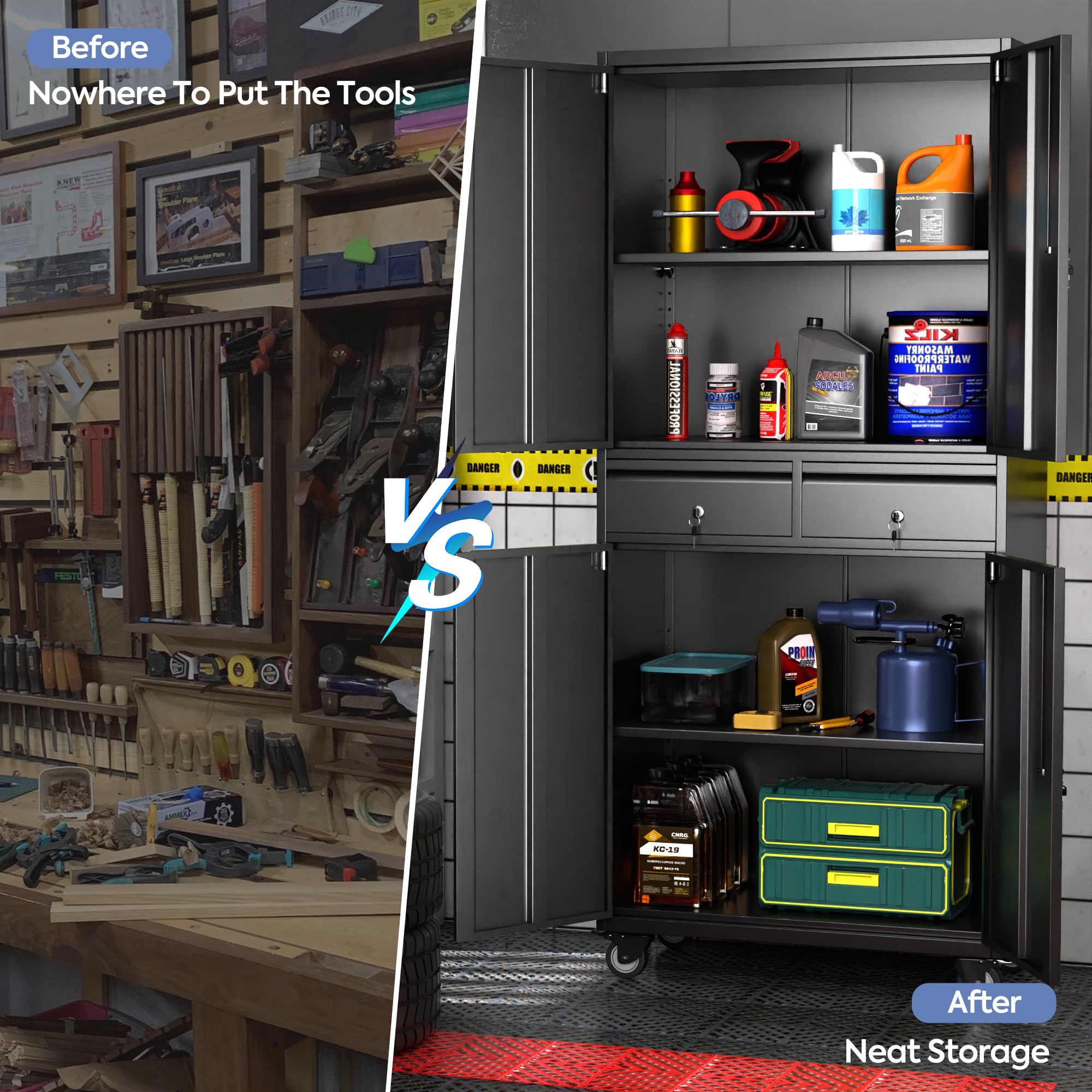 GLADIW Garage Storage Cabinet with Wheels, Metal Garage Storage Cabinet with 2 Drawers and 2 Adjustable Shelves for Homes, Offices, Kitchens, Schools and Pantries