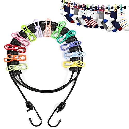 Portable Travel Clothesline with 12pcs Colorful Clothespins, Outdoors Windproof Stretchy Elastic Camping Laundry Clothes Line for Backyard, Vacation Hotel, Balcony Clothes Drying Line