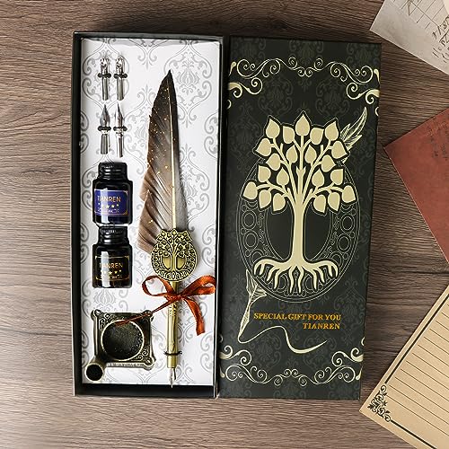 TIANREN Feather Pen and Ink Set,quill pen ink set,Antique Calligraphy Pen with 4 Replaceable Nibs,2 Bottle of ink,Pen Holder Christmas Gift for Men&Women.(Gray)