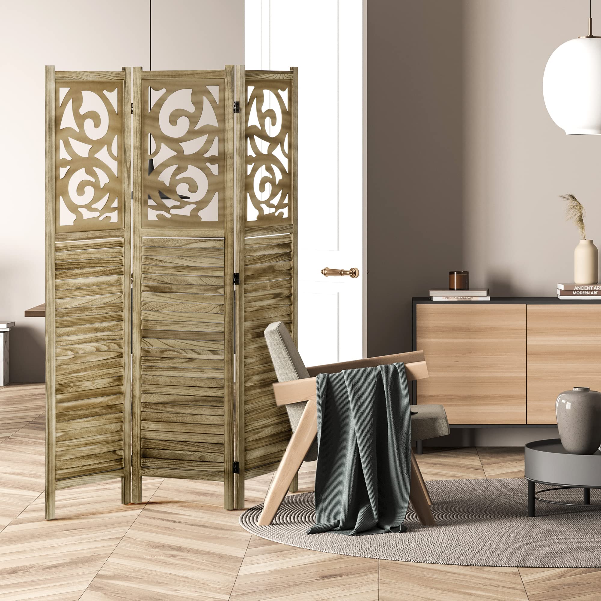 HOMCOM 3 Panel Room Divider, 5.5' Tall Wood Indoor Portable Folding Privacy Screens, Double Hinged Partition Wall Dividers for Home Office, Brown