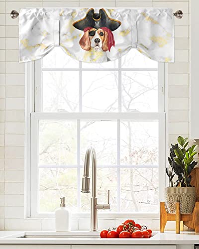 Tie Up Curtain Valance for Kitchen,Abstract Geometric Pirate Dog White Gold Marble Window Valances Adjustable Tie-up Shade Valance,Cartoon Animal Rod Pocket Short Curtains for Bathroom 54x18in