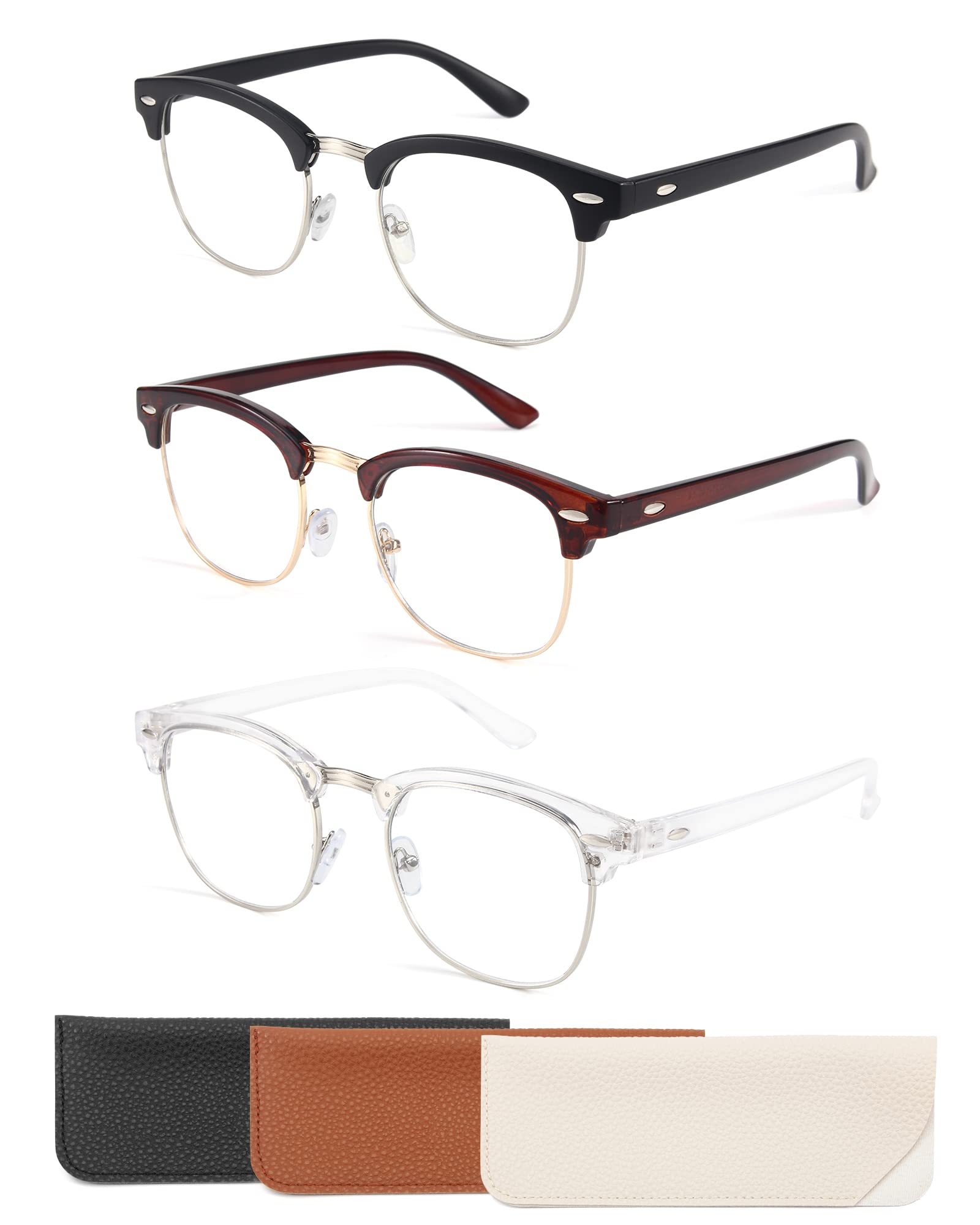 CCVOO 3 Pack Reading Glasses Blue Light Blocking, Retro Semi Rimless Readers for Men Women, Round Eyewear Filter UV400 (C1 Matte Black Silver/Clear Silver/Tea Gold, 2.0, multiplier_x)
