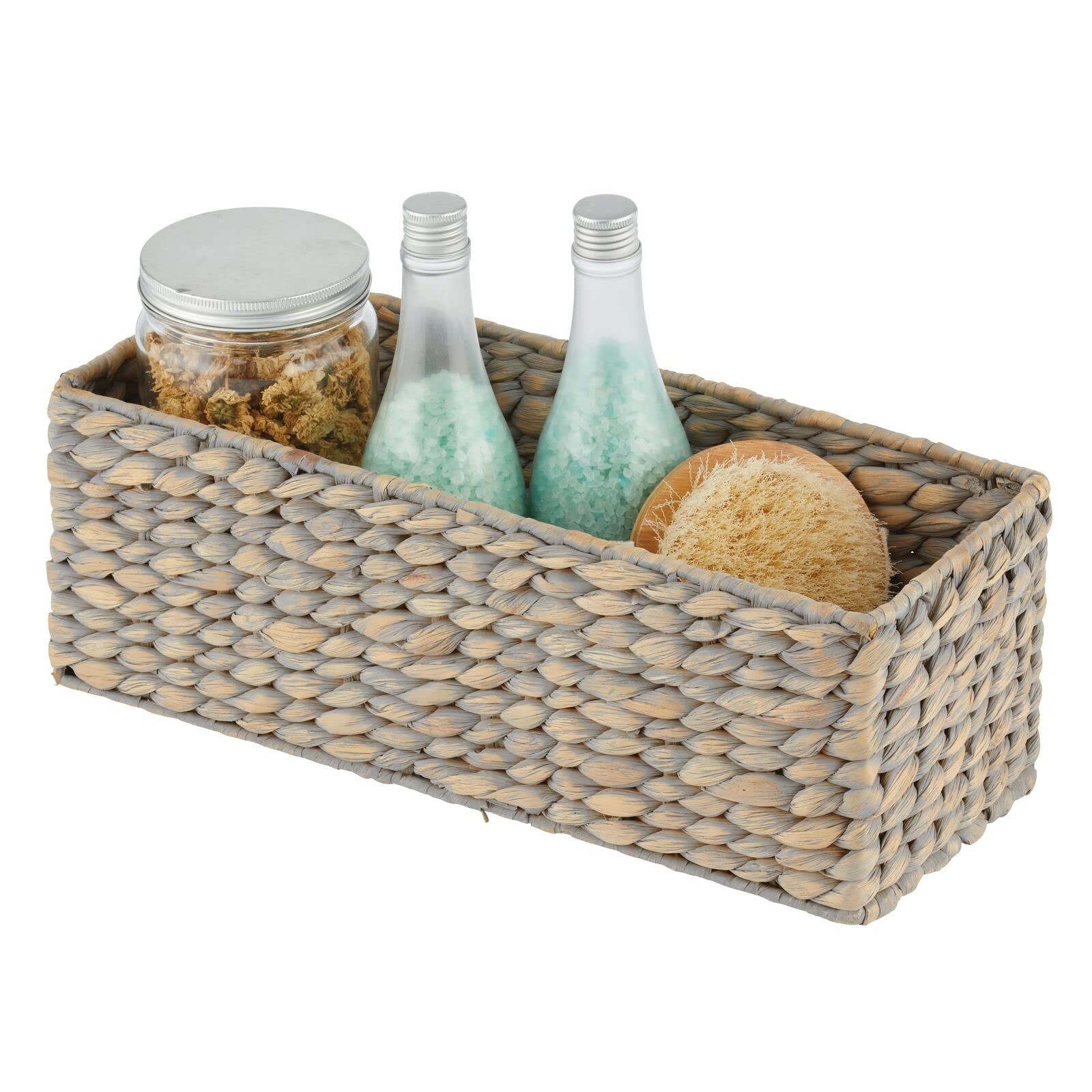 mDesign Woven Hyacinth Narrow Bathroom Toilet Roll Holder Storage Organizer Basket Bin - Rectangle Containers for Bathroom, Toilet Tank - Hold 3 Rolls of Toilet Paper - 2 Pack - Gray