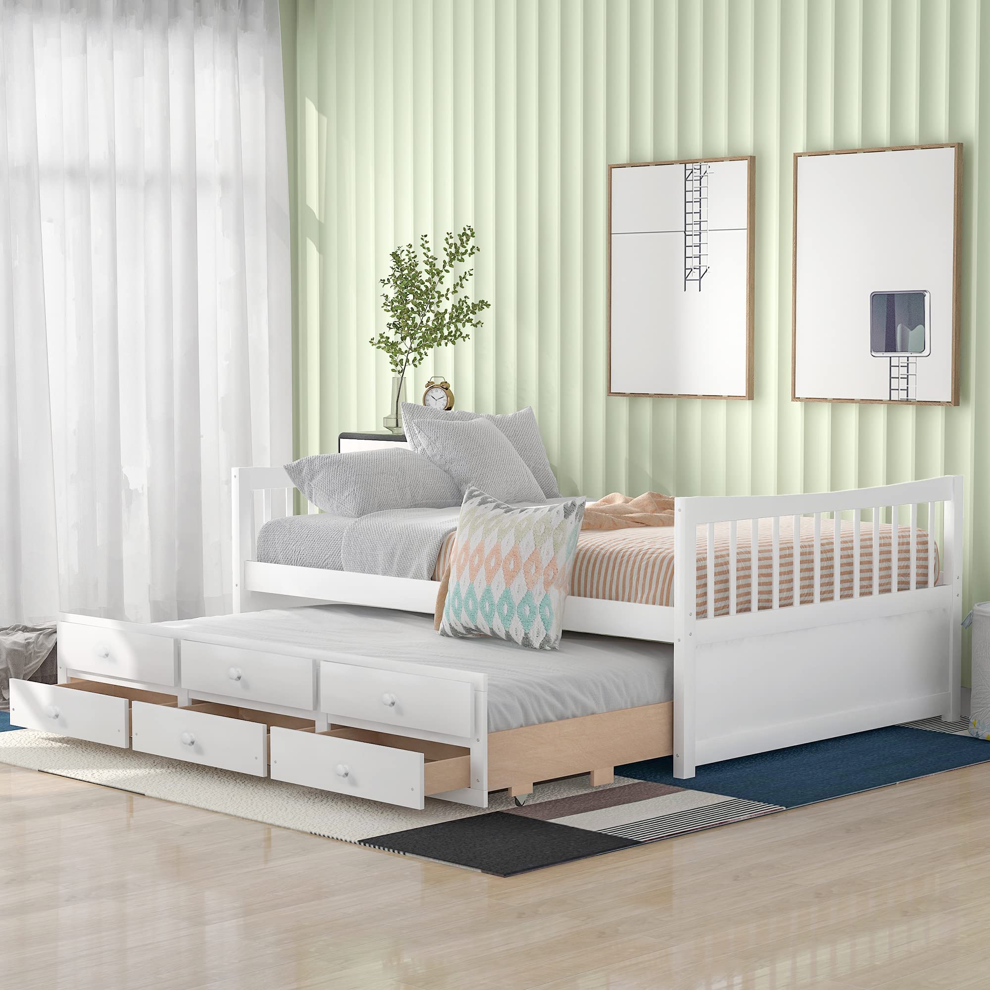 Harper & Bright Designs Full Size Daybed with Twin Size Trundle and 3 Storage Drawers, Wood Full Captainās Bed with Trundle Bed, Full Platform Bed Great for Kids Guests Sleepovers (White)