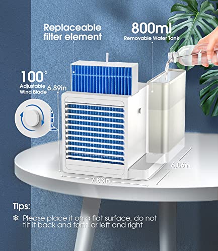 WAPEMORK Mini Portable Air Conditioners - Personal Air Conditioner with LED Night Light, USB Powered Desktop Evaporative Air Cooler with 800ML Water Tank for Car, Camping, Office and Room