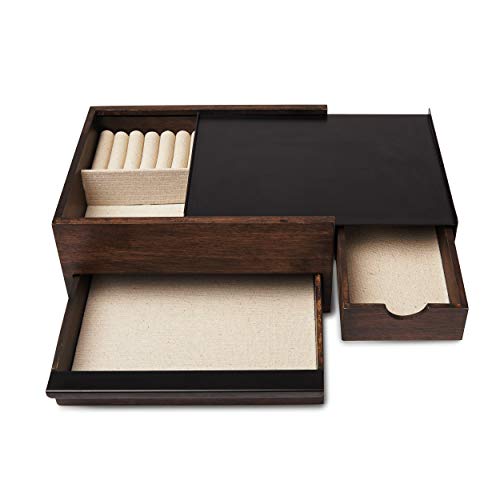 Umbra Stowit Jewelry Box-Modern Keepsake Storage Organizer with Hidden Compartment Drawers for Ring, Bracelet, Watch, Necklace, Earrings, and Accessories, Black/Walnut