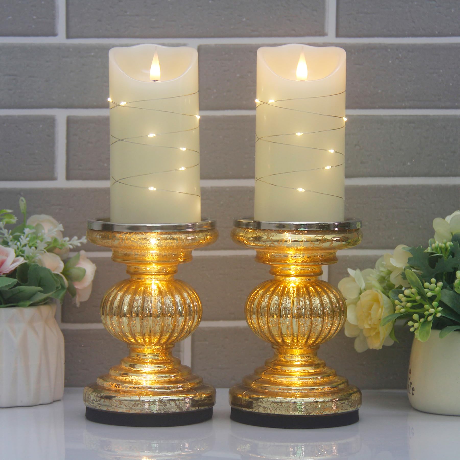 CFDECOR Mercury Glass Pillar Candle Pedestal Holders with Lights Set of 2,Candle Holder for Pillar Candle,Candlestick Holders,Perfect Decoration for Wedding Home Dining Table Xmas (Blue)