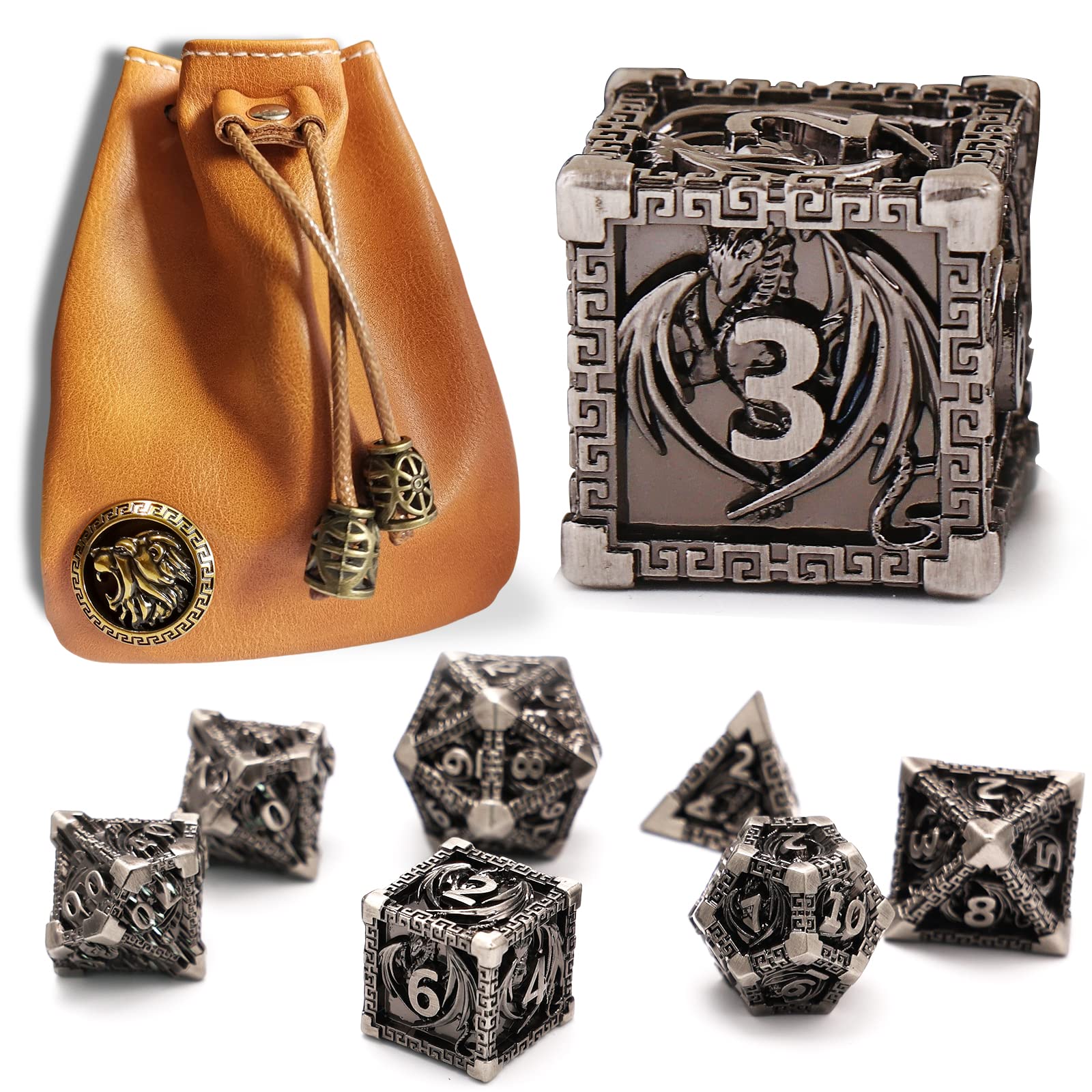 DND Dice Metal Dragon Set,Unique Dragon Design Dice with Gift Dice Bag for Dungeons & Dragon Games,magic The gathering,D and D D&D Dice Set (Blood Antique Iron)