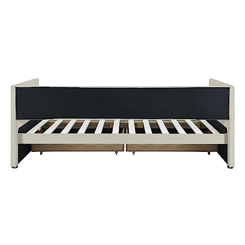 Harper & Bright Designs Twin Size Corduroy Daybed with 2 Storage Drawers, Modern Twin Upholstered Daybed Frame, Sofa Bed with Wood Slat, Twin Storage Bed for Living Room Bedroom Guest Room, Beige