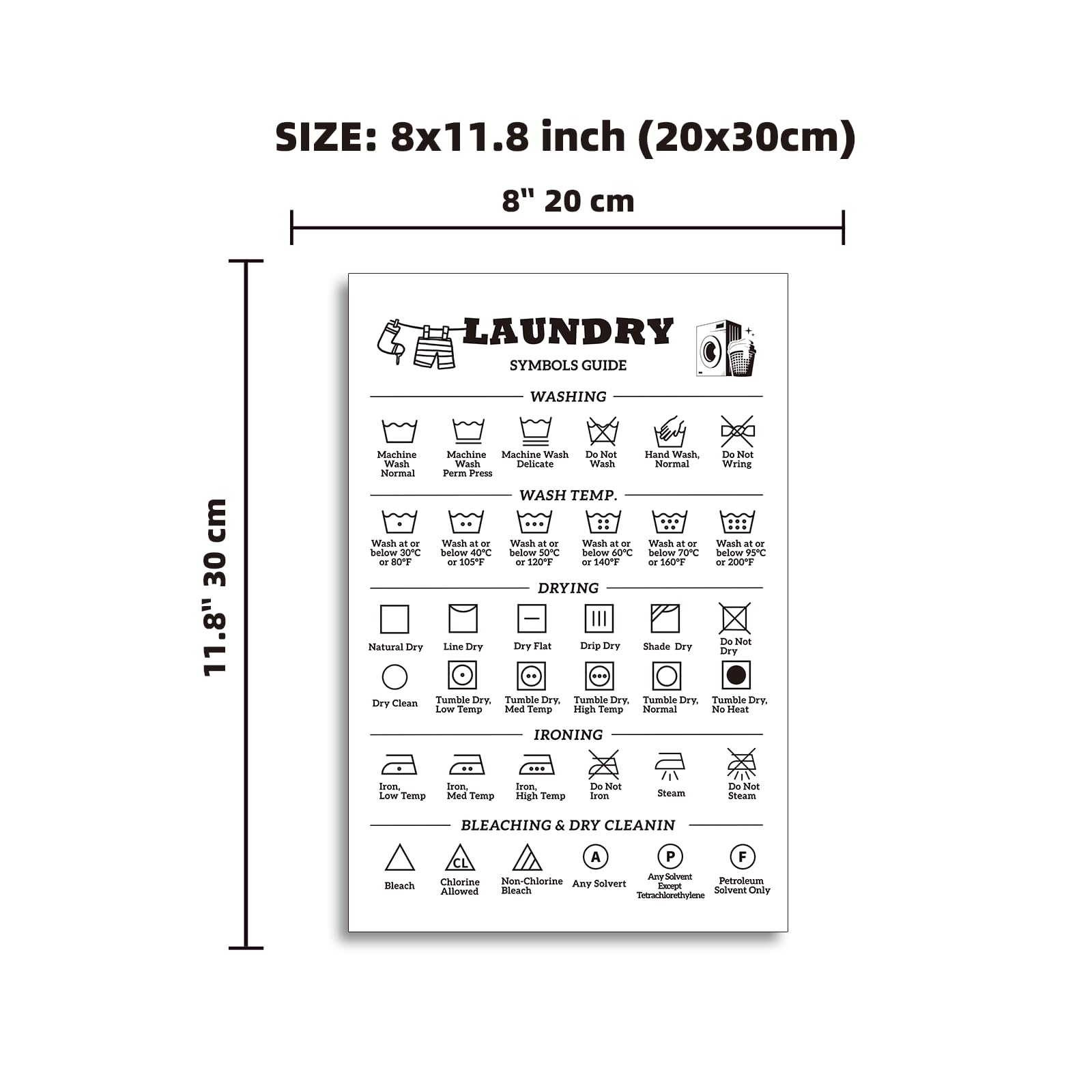 Noare Laundry Symbols Sign & Stain Removal Guide Magnet Cheat Sheet for Room Wall Art Decor 8x11.8 inch - Washing Drying Ironing & Bleaching Accessory