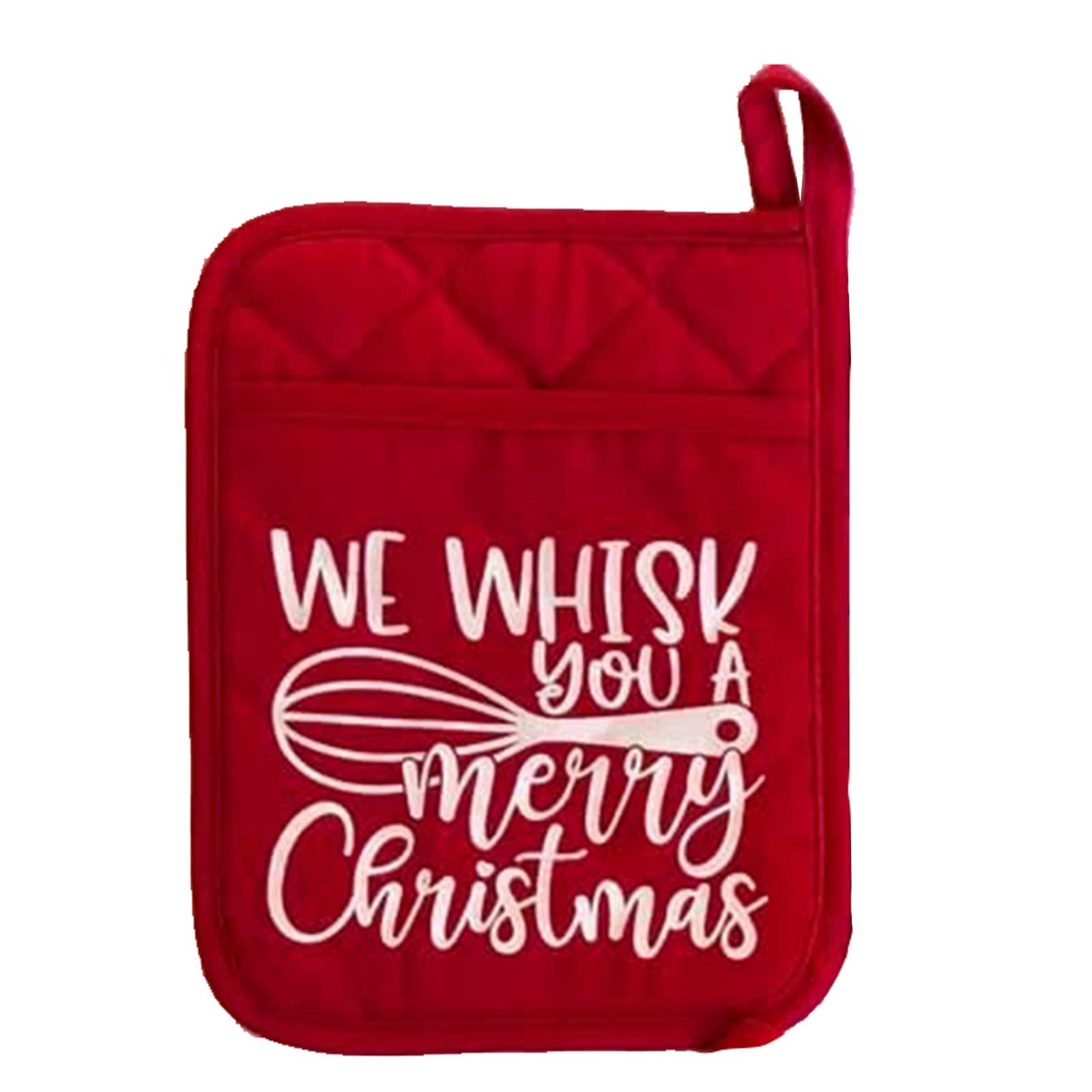 Christmas Pot Holders Baking Pocket, Christmas Oven Mitts Ornament for Kitchen Cooking Baking 1PC, Hello Christmas Print Pot Holders Storage Bag Gift for Family Neighbor
