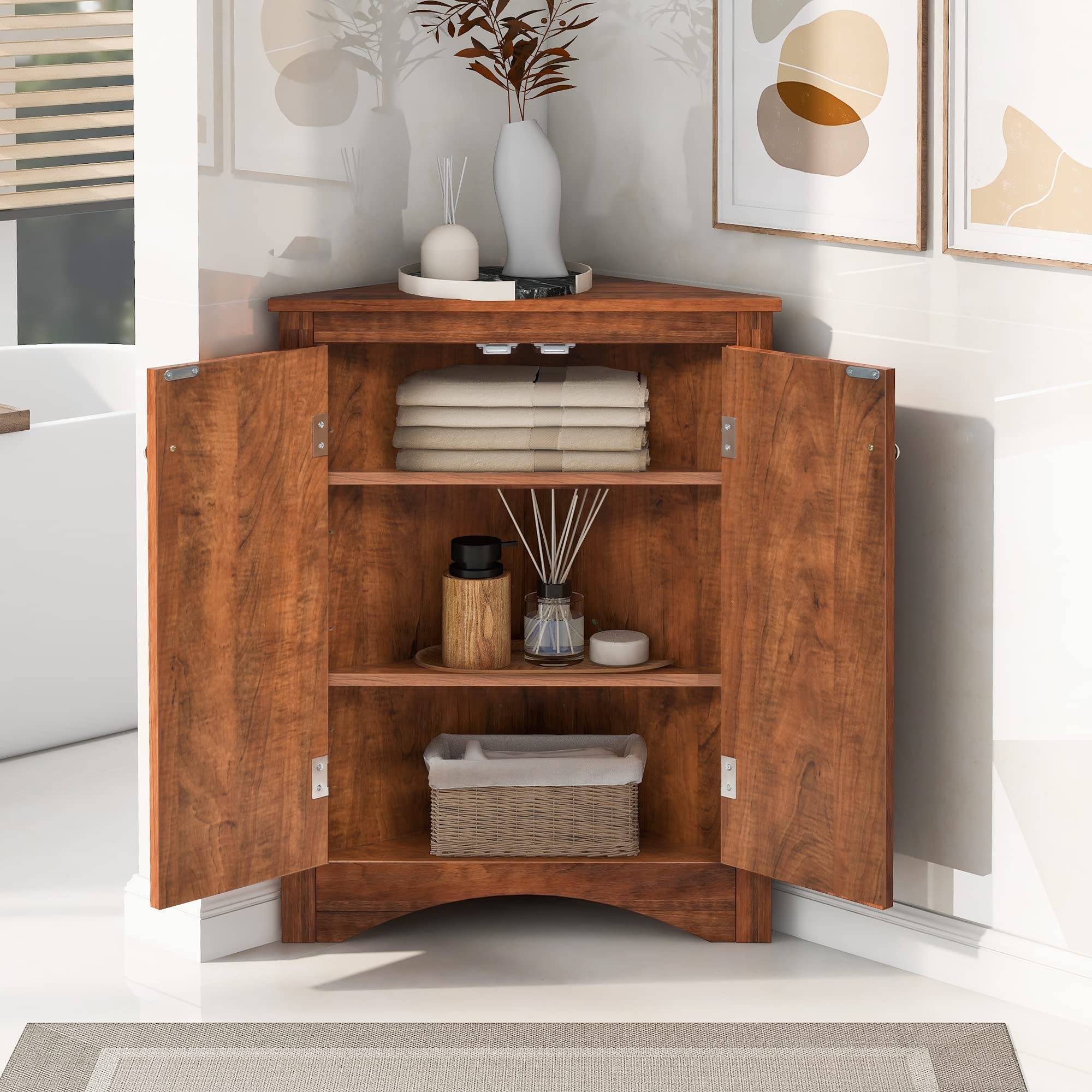 Merax Corner Storage Cabinet with Two Doors for Bathroom, Living Room or Kitchen, Adjustable Shelf, Freestanding Floor Space Saver, Brown