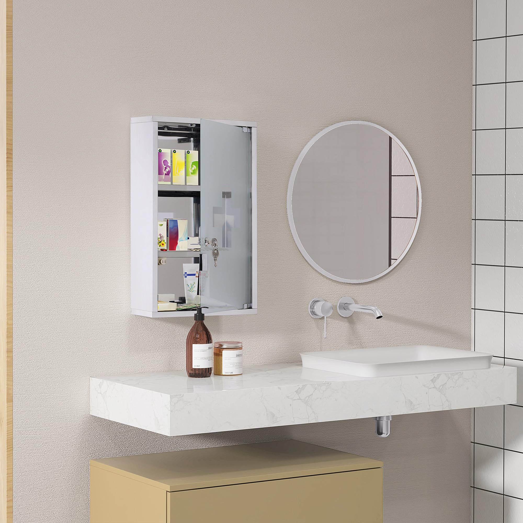 HOMCOM Wall Mounted Medicine Cabinet, Locking Wall Cabinet with 4 Tier Shelves, Stainless Steel Frame and Glass Door, Lockable with 2 Keys, Silver, 12" x 24"