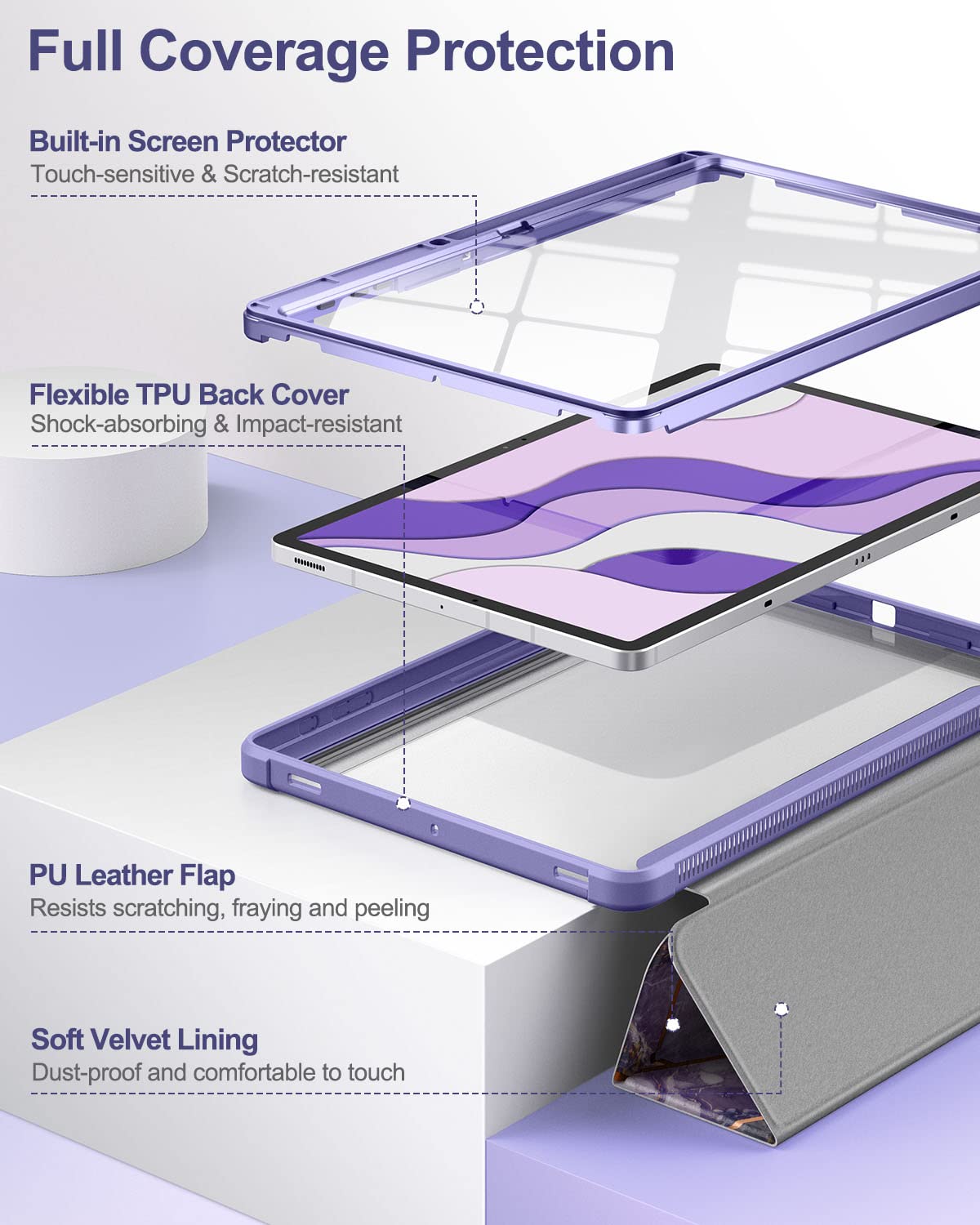 ONPINT Leather Case for Samsung Galaxy Tab S8 Plus/ S7 Plus/ S7 FE 12.4-inch, Built-in Screen Protector Folio Tablet Cover Magnetic Trifold Stand with S-Pen Holder for Women Men Cute, Lavender