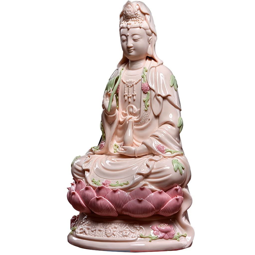 XINJDM Etchings Guan Yin Statue, Ceramic Quan Yin Buddha, Kwan Yin Statue, Buddha Siting On A Lotus Statue, Home Decor, Best Chinese Feng Shui Gifts. (11 Inches Top Ceramic Guan Yin) (Size : 28x14.5)
