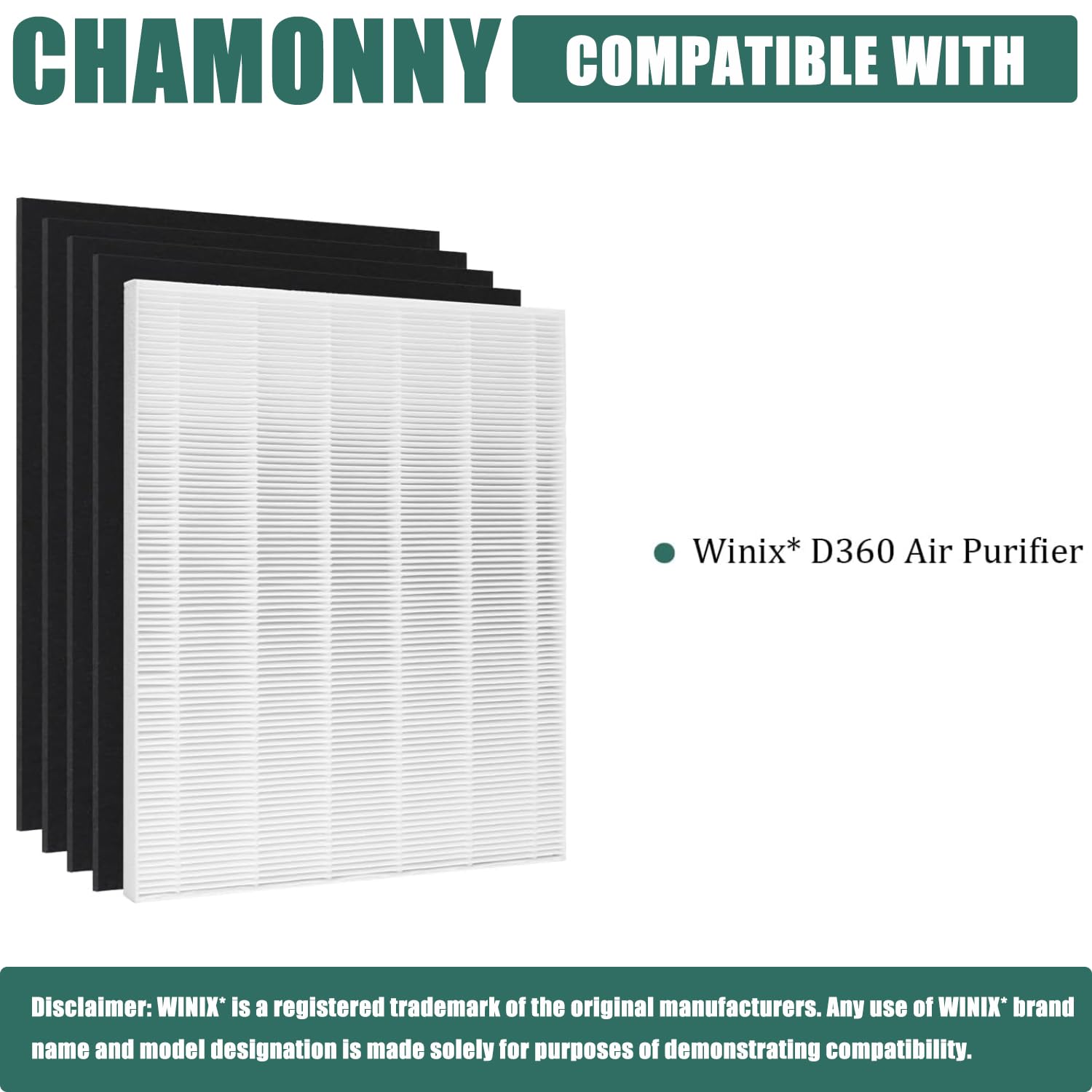 CHAMONNY D360 True HEPA Replacement Filter D3, Compatible with Winix D360 Air Purifier, Compare to Winix D3 Filter, Item Number 1712-0101-02,1 H13 True HEPA Filters + 4 Activated Carbon Pre-Filters