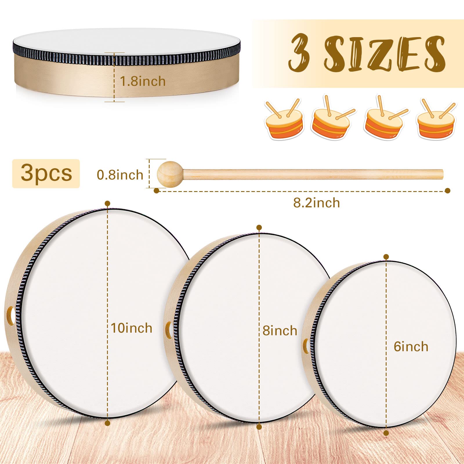 Yeshone Hand Drum Percussion Wood Frame Drum with Drum Stick 10 Inch 8 Inch 6 Inch Drums Musical Instruments for Adults Drums Beginners Adults for Home Party Supplies(Wood Color)